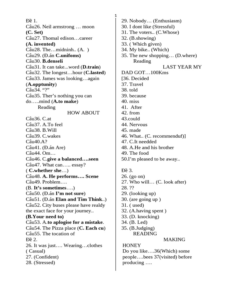 Đề trắc nghiệm T.anh 1 | PDF