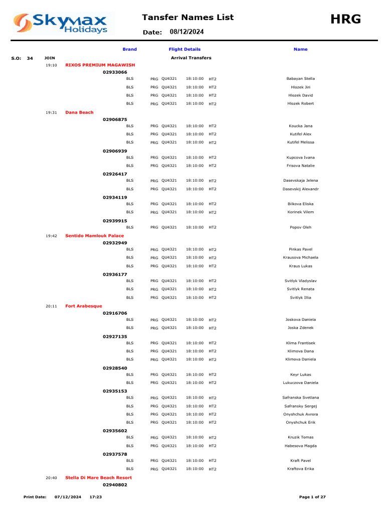 Sky Arr & Dep Names 8.12.2024 | PDF | Hospitality Industry