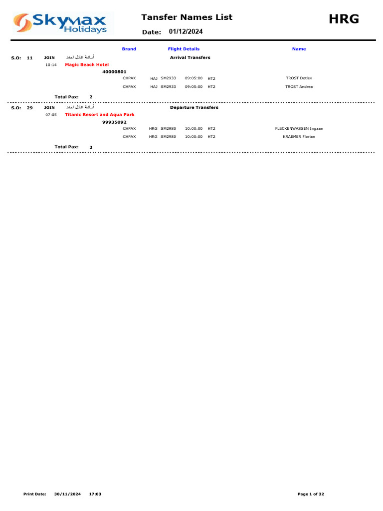 Sky Arr & Dep Names 01.12.2024 | PDF