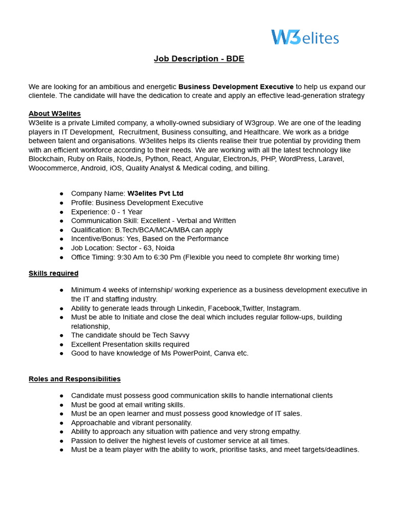 Job Description BDE | PDF