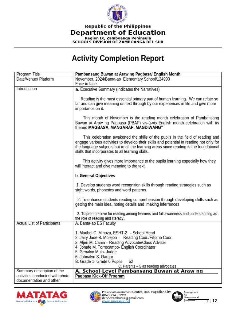 PBAP English Month Activity Report 2024 | PDF | Behavior Modification | Human Communication