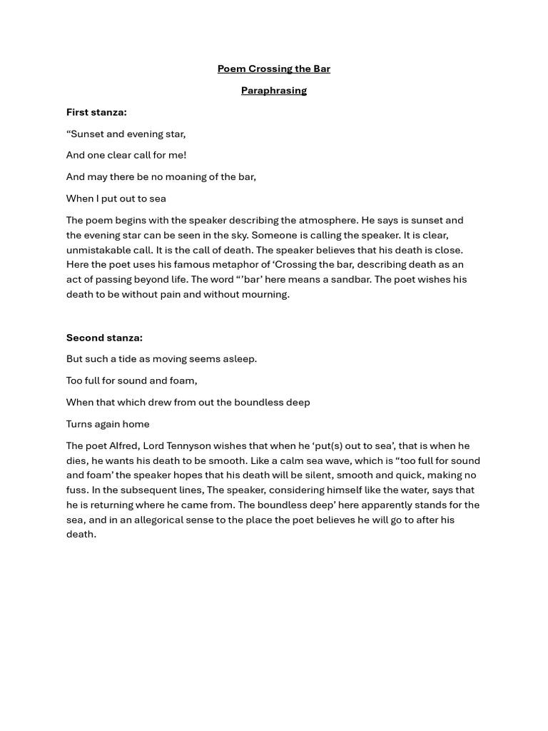 Crossing the bar paraphrasing | PDF