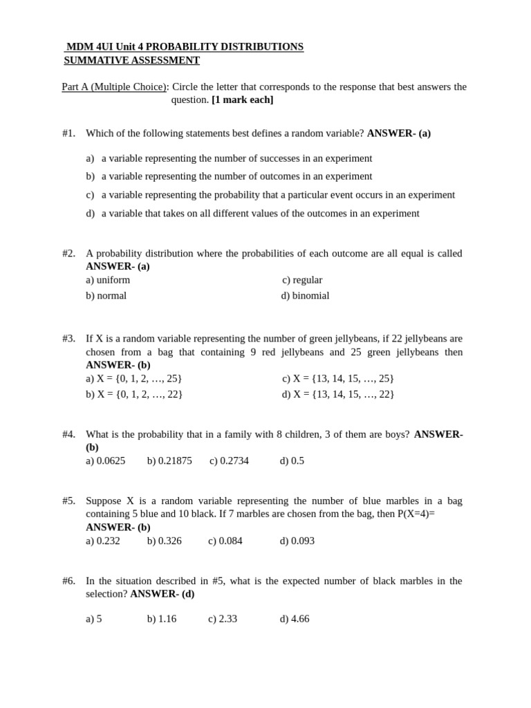 Unit 4 Probability Distributions Summative Assessment | PDF | Probability Distribution | Random ...