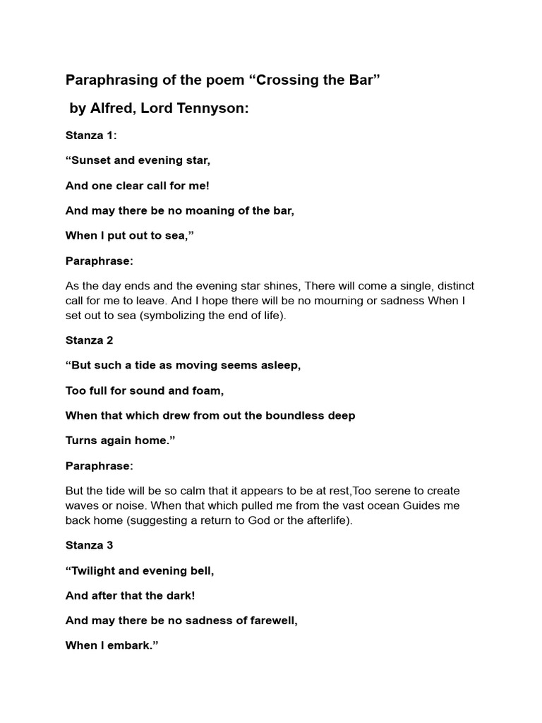 Paraphrase of "Crossing the Bar" Poem | PDF
