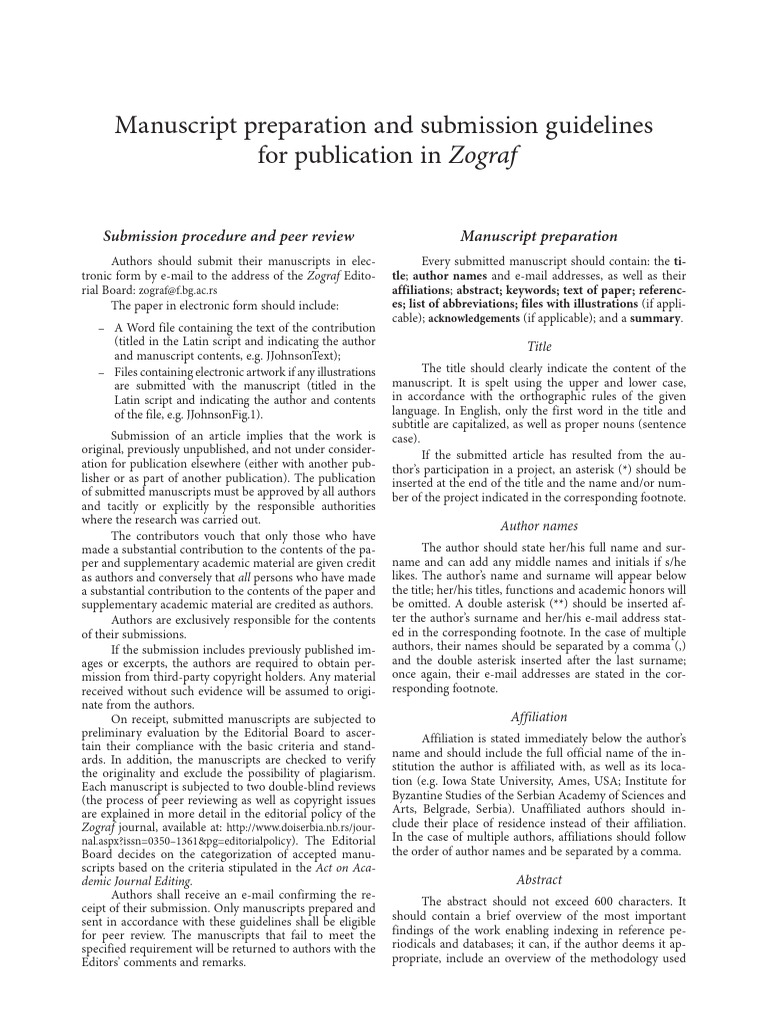 Zograf Manuscript Preparation and Submission Guidelines For Publication | PDF | Citation | Bracket