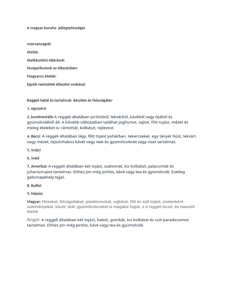 Magyar Konyha, Más Konyhák, Reggeli Fajták | PDF