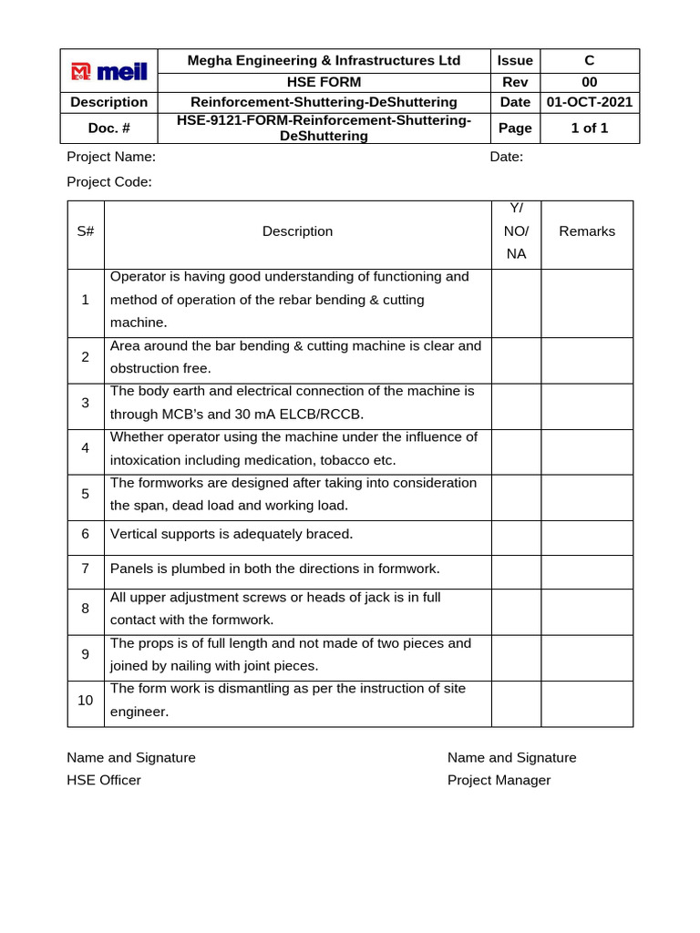 HSE 9121 FORM Reinforcement Shuttering DeShuttering 00 | PDF