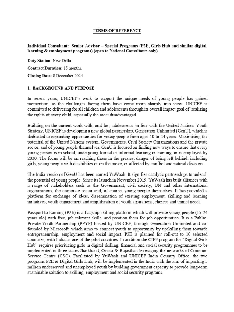 ToR - Consultant - Senior Advisor - Special Programs | PDF | Insurance ...