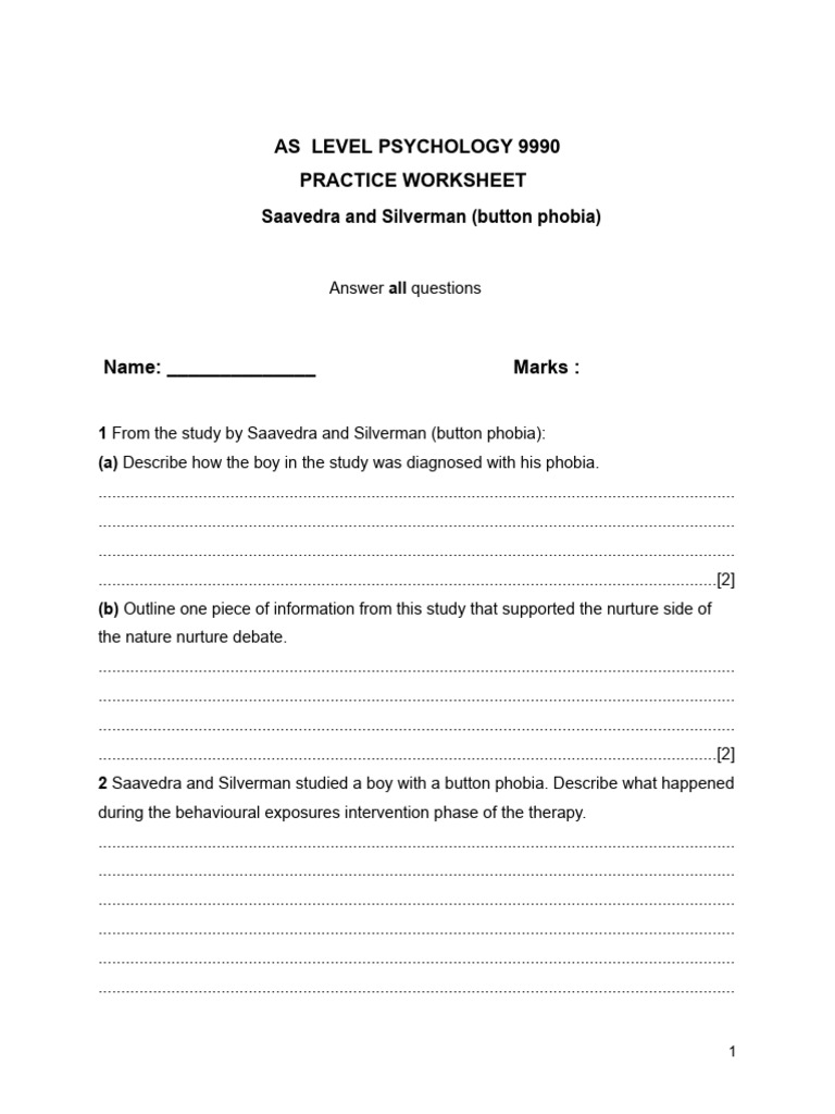 PRACTICE WORKSHEET - Saavedra and Silverman (button phobia) | PDF ...