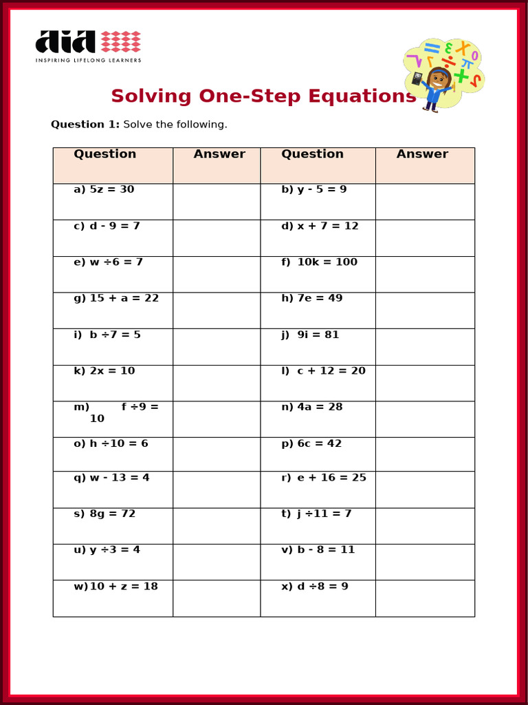 Solving One-Step Equations in Sheets | PDF