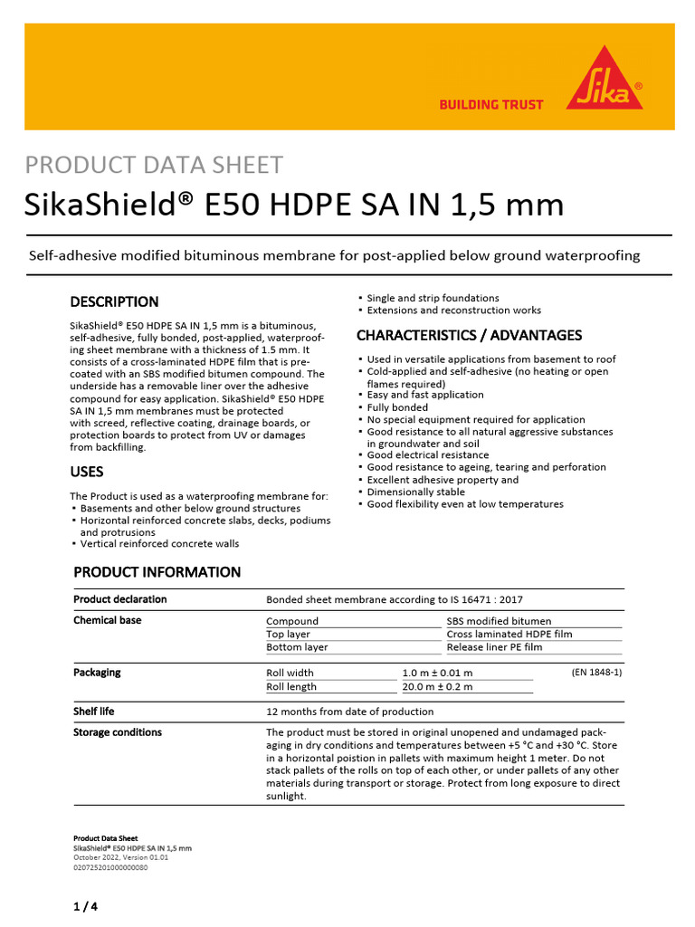 Sikashield E50 Hdpesain15mm | PDF | Building Materials | Materials
