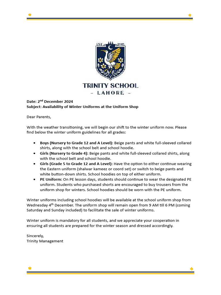 Winter Uniform Availability Notice | PDF