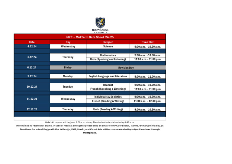 MYP - Mid Term Date Sheet | PDF