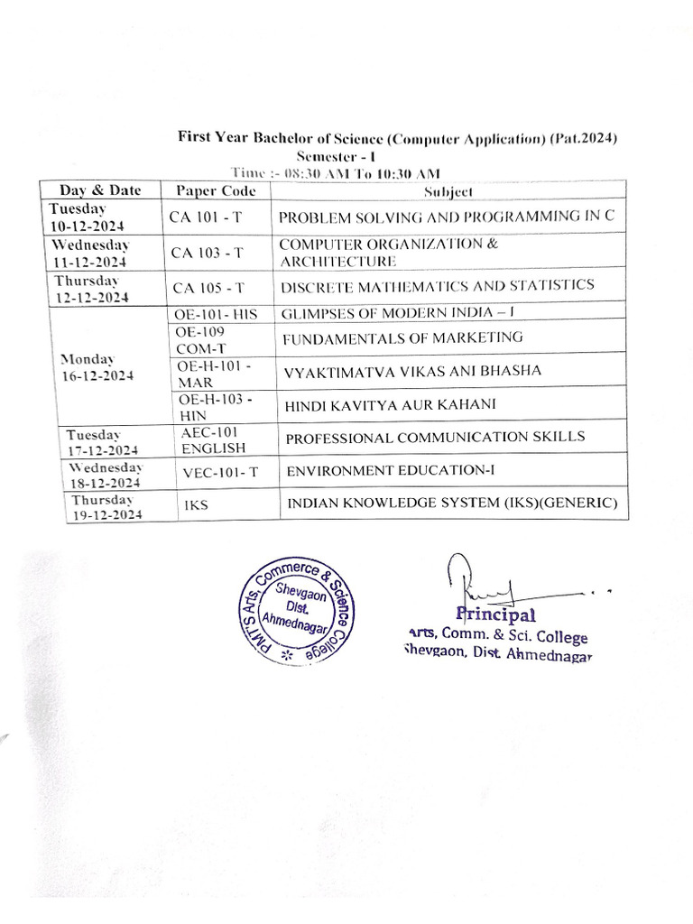 Time Table FY BCA 2024-25 | PDF