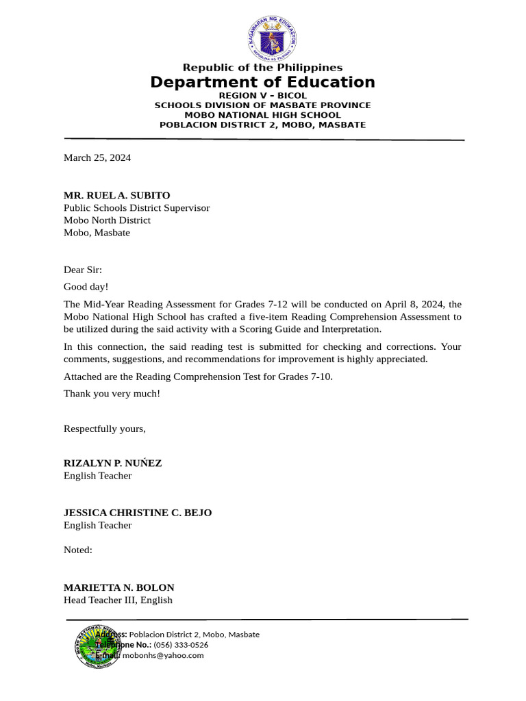 Letter - Reading Comprehension Test | PDF