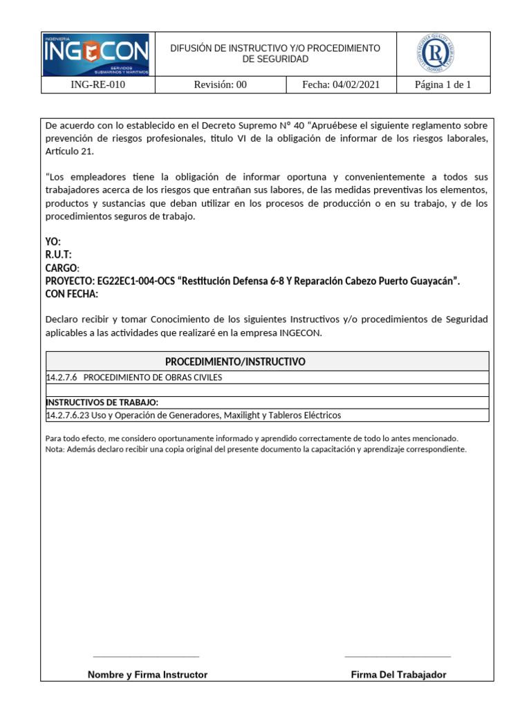 Formato Completo DIFUSION PROCEDIMIENTOS E INSTRUCTIVOS OBRAS CIVLES 07... | PDF