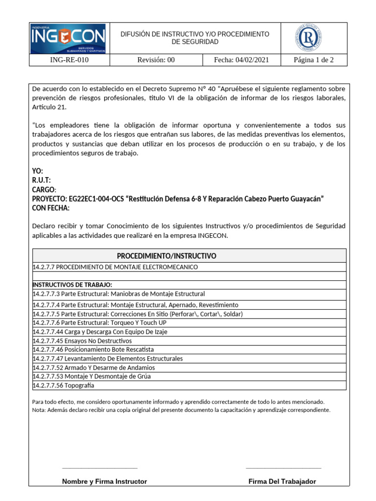 Formato Completo DIFUSION PROCEDIMIENTOS E INSTRUCTIVOS MONTAJE ELECTRO... | PDF