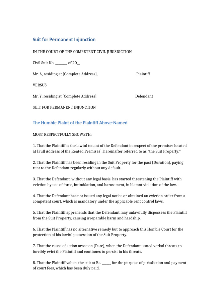 Suit For Permanent Injunction | PDF | Affidavit | Eviction