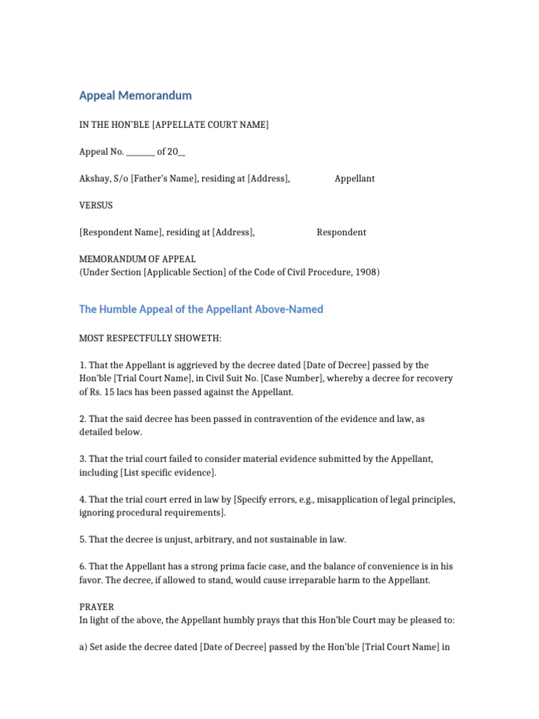 Appeal Memorandum Against Decree | PDF | Affidavit | Appeal
