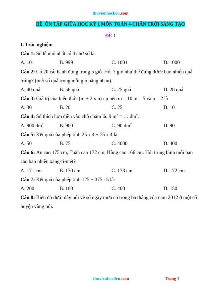 Bo de On Tap Giua HK1 Toan 4 CTST Co Dap An | PDF
