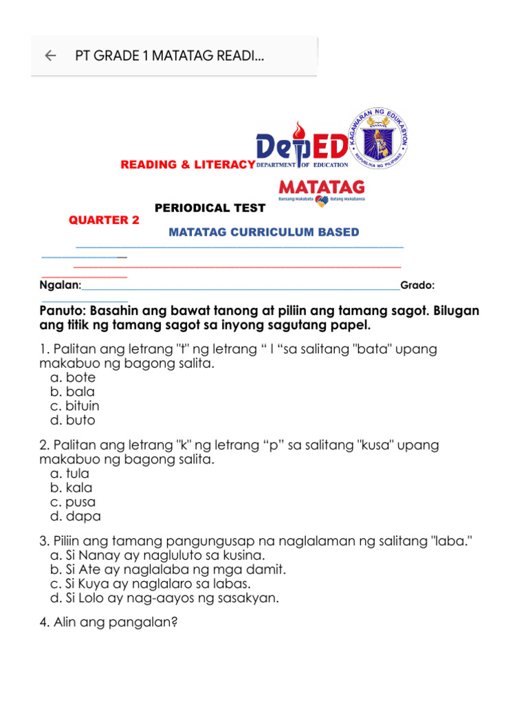 PT Grade 1 Matatag Reading and Literacy 1 | PDF