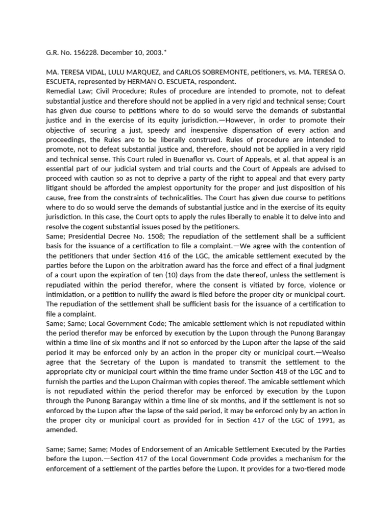 Vidal vs. Escueta - Sec417 LGC | PDF | Lawsuit | Complaint