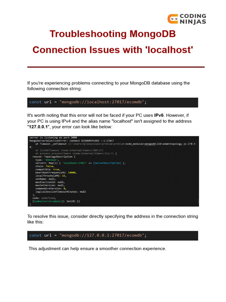 Troubleshooting MongoDB Connection Issues with 'localhost'-3432 | PDF