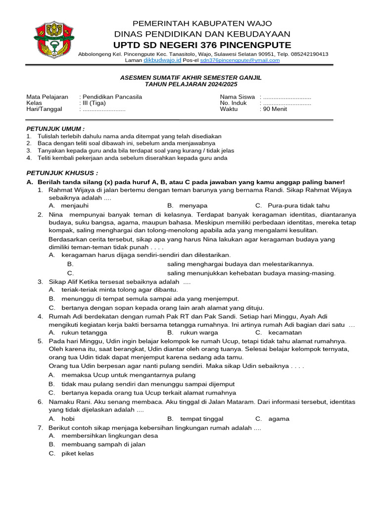 SAS 1 Kelas III - Pend. Pancasila | PDF