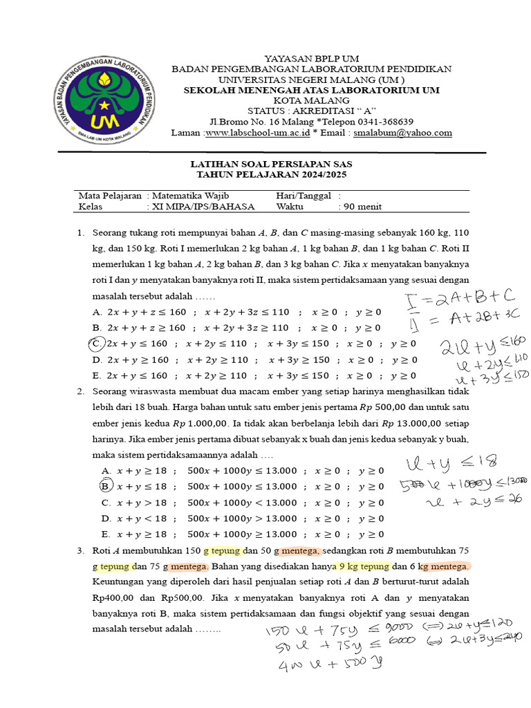 Latihan Soal Persiapan SAS XI MATWA | PDF