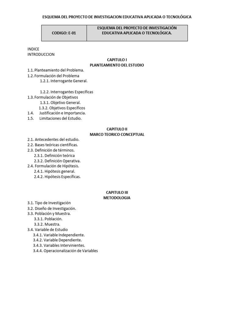Esquema Del Proyecto de Investigacion Educativa Aplicada o Tecnológica | PDF