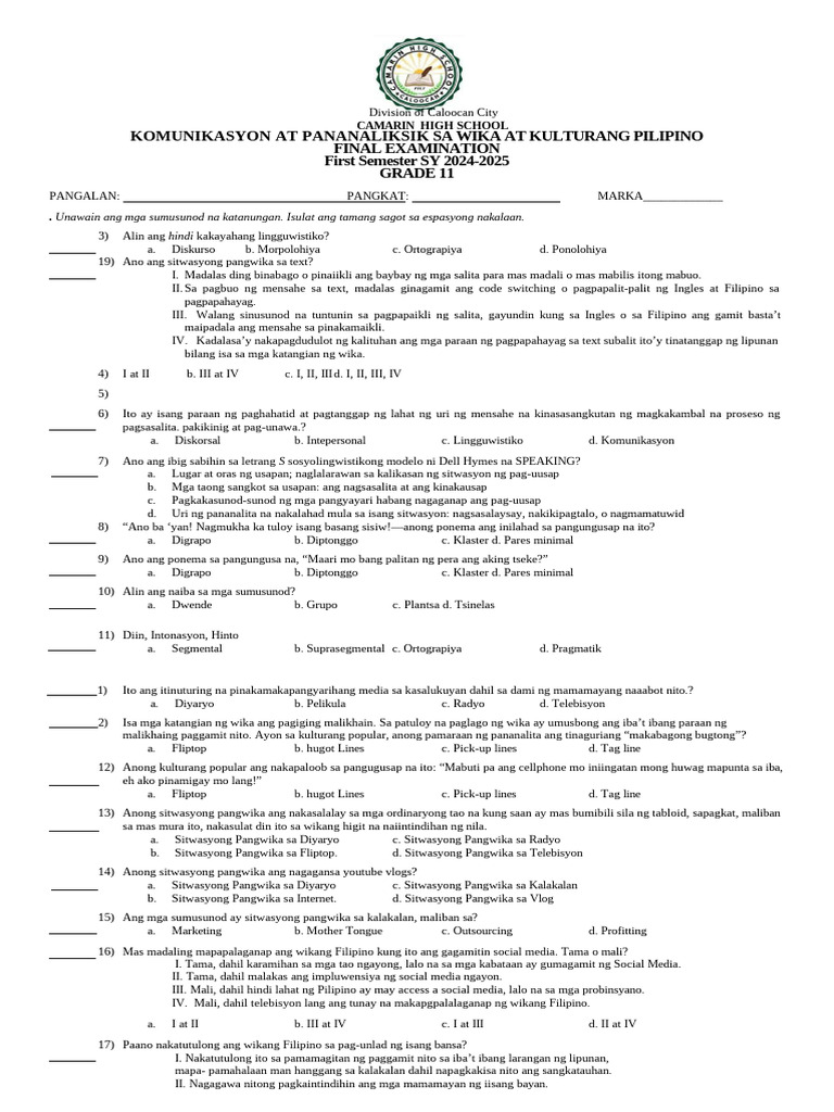 Final Test SHS | PDF