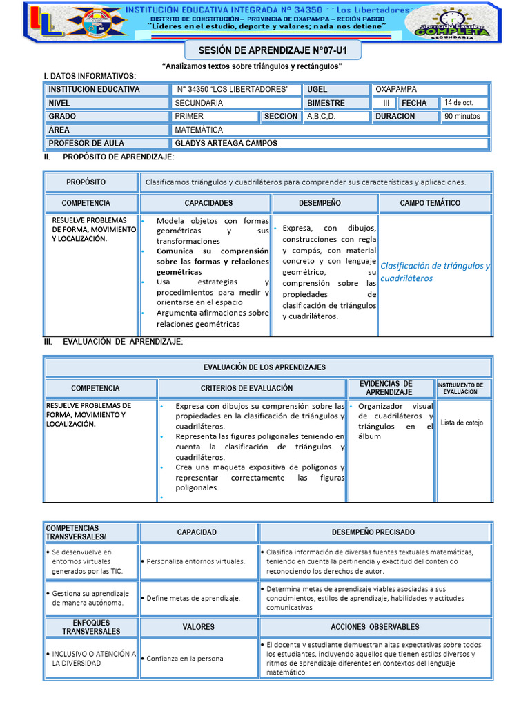 SESION U7-S1 - Clasif de Triang y Cuad. | PDF | Aprendizaje | Evaluación