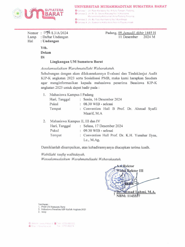 1193. Undangan Evaluasi dan Tindak Lanjut Audit KIP-K Angkatan 2023 ...