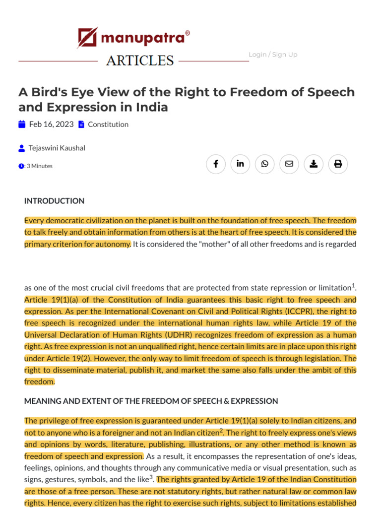 A Bird's Eye View of The Right To Freedom of Speech and Expression in ...
