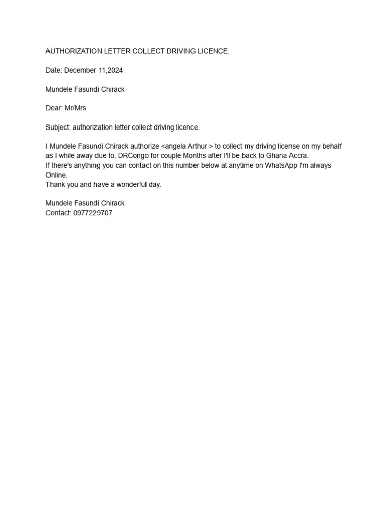 Authorization Letter Collect Driving Licence | PDF
