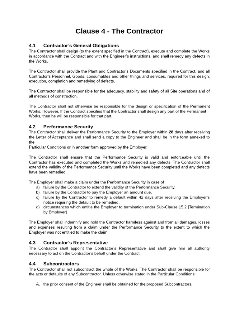 CLAUSE 4 - The Contractor | PDF | Employment | Subcontractor