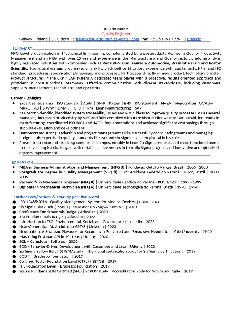 Quality Engineer Juliano MSA | PDF | Quality Assurance | Production And ...