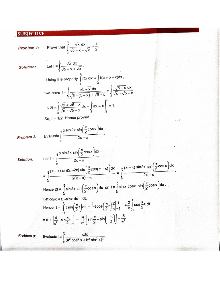 Definite Integrals Subjective | PDF