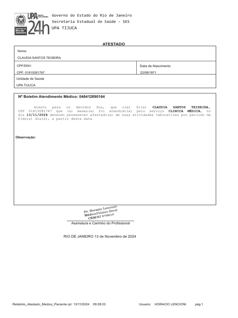Atestado Upa Tijuca RJ | PDF