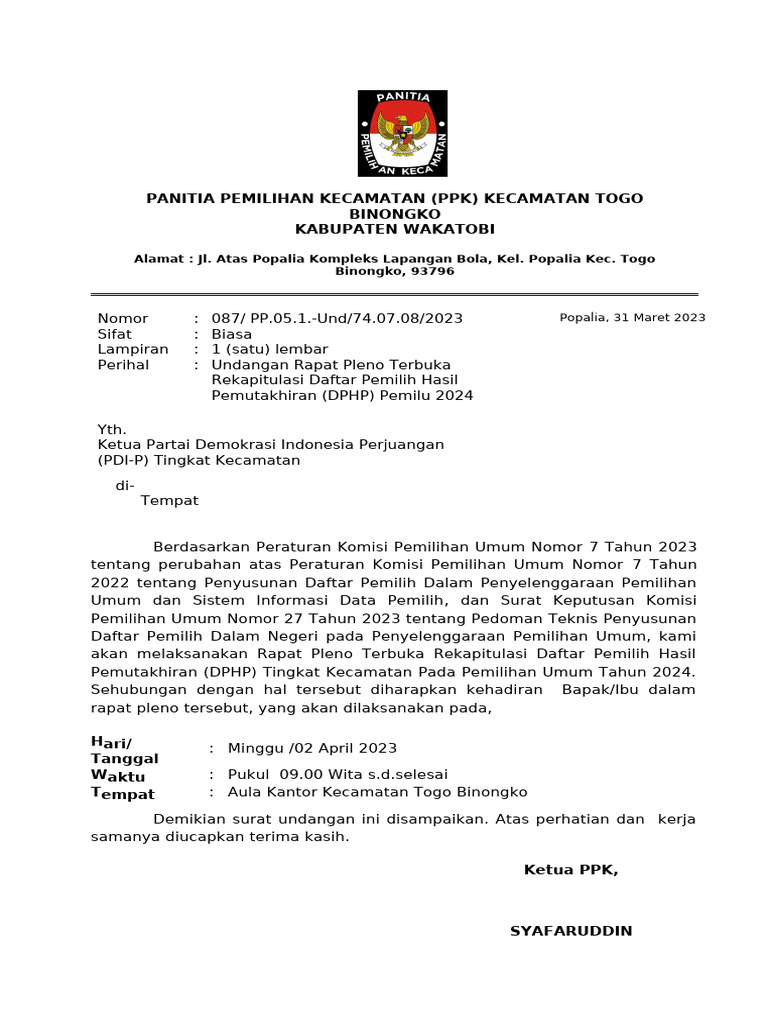 Undangan Rapat Pleno Terbuka Rekapitulasi Daftar Pemilih Hasil Pemutakhiran (DPHP) | PDF