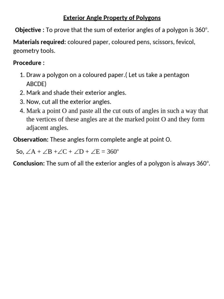 Exterior Angle Sum Property of A Polygon | PDF