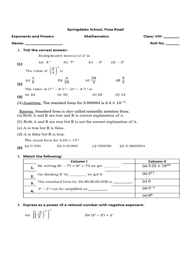 Exponents and Powers Worksheet-Std 8 | PDF