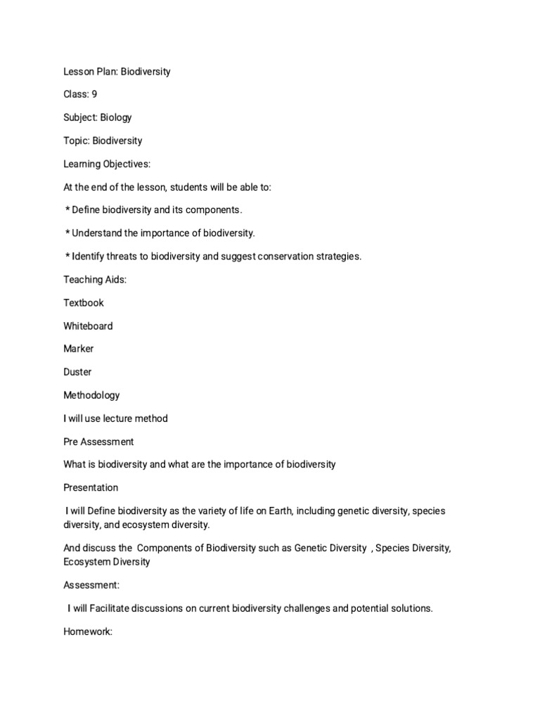 Biodiversity Lesson Plan for 9th Grade | PDF