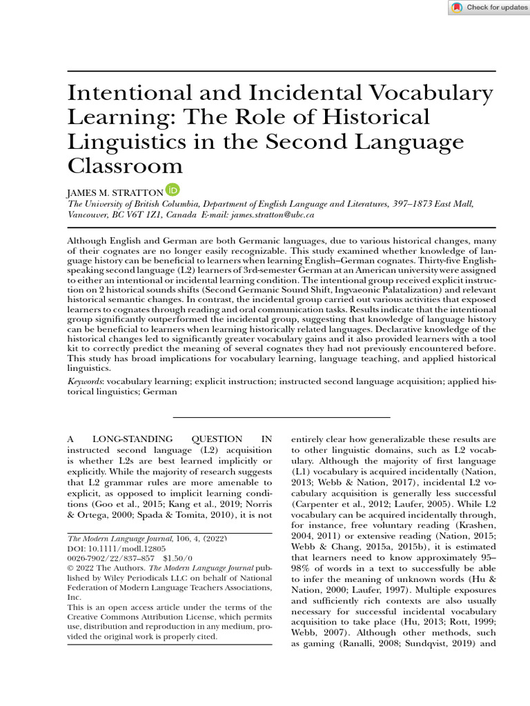 The Modern Language Journal - 2022 - M. STRATTON - Intentional and Incidental Vocabulary ...
