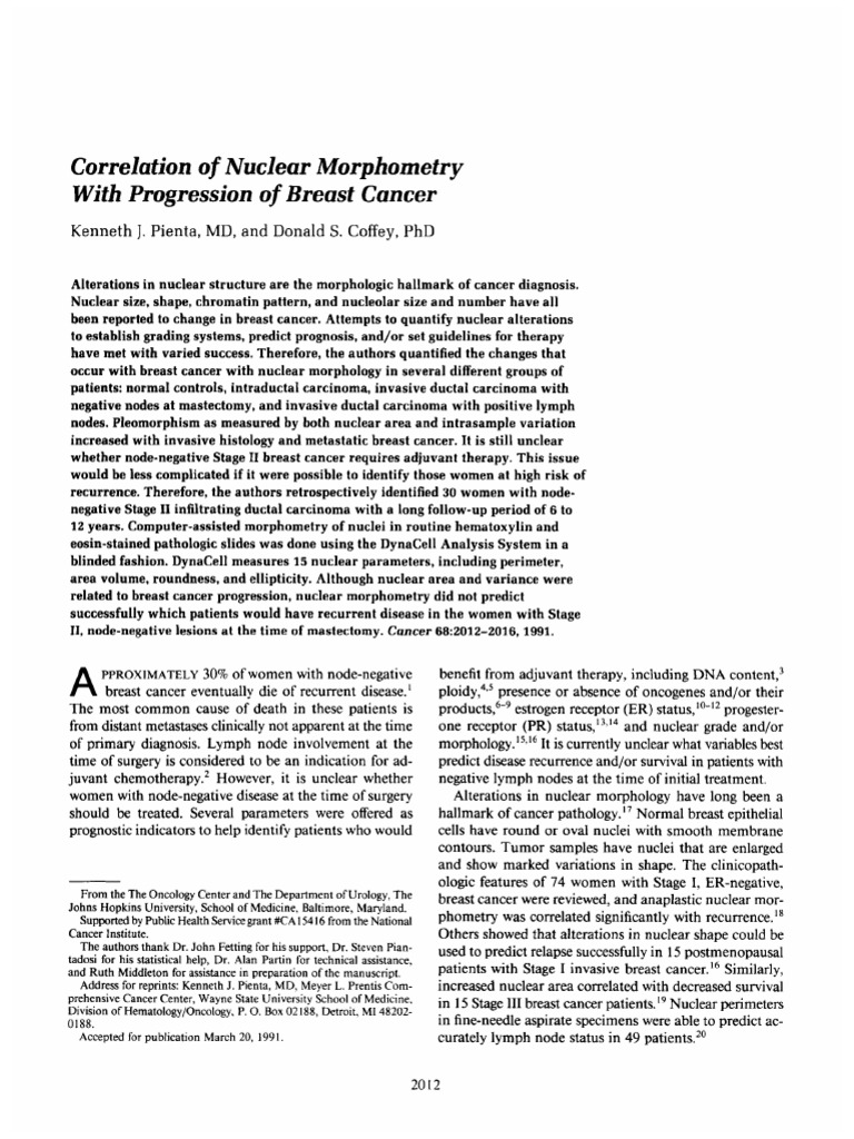 Cancer - 1 November 1991 - Pienta - Correlation of Nuclear Morphometry ...