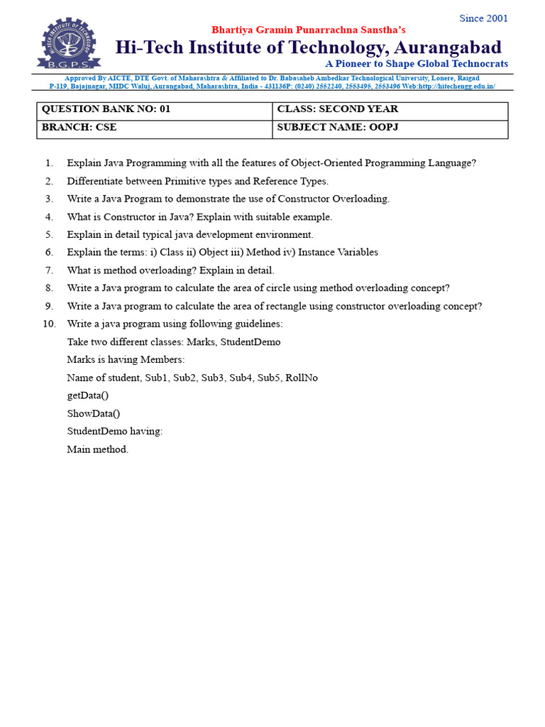 QUESTION BANK NO 1 WITH MCQ FOR IMPROVEMENT-I | PDF | Method (Computer ...