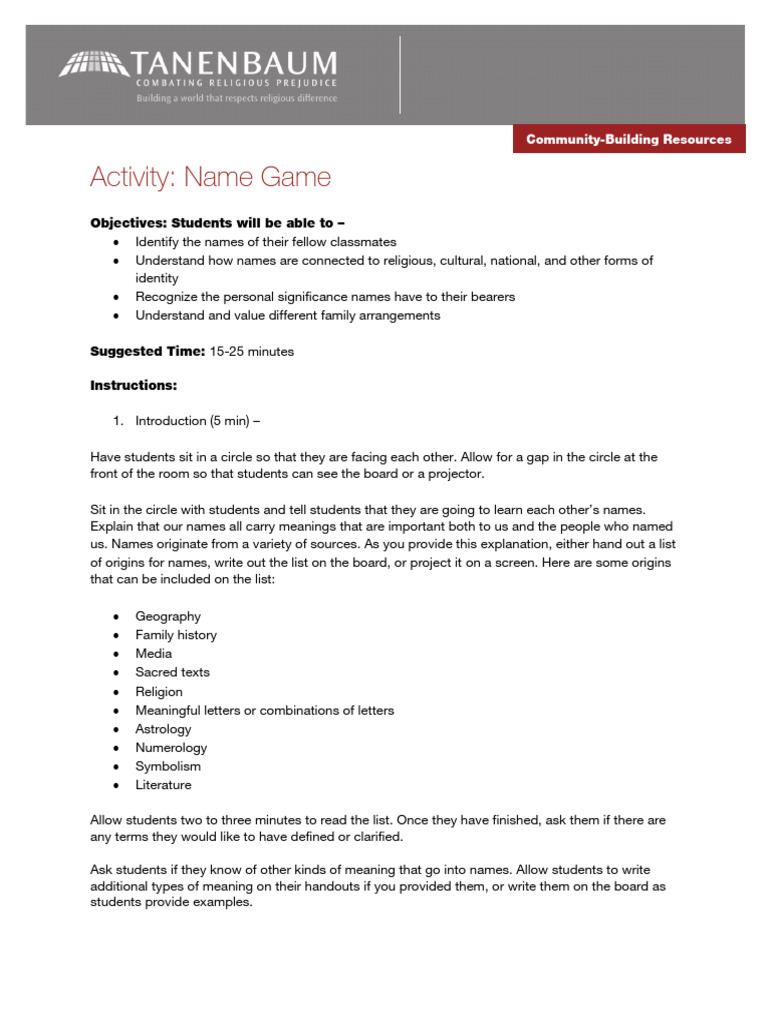 Name Game: Exploring Identity Through Names | PDF