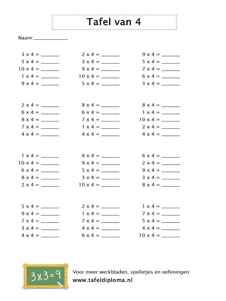 Tafel Van 4 Werkbladen ws4 | PDF