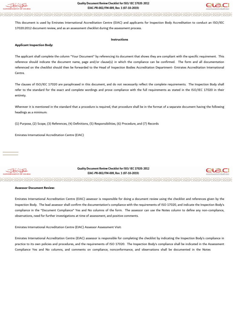 Document Review Checklist - ISO 17020 - 2012 | PDF | Calibration
