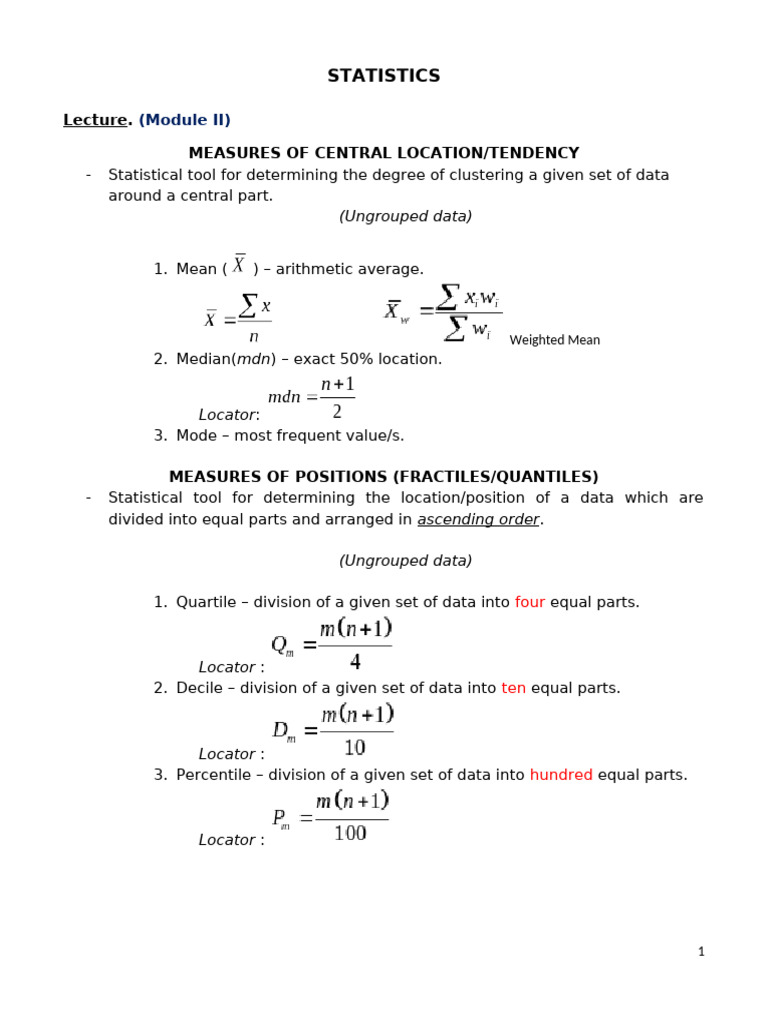 STATISTICS (Module Part 2) Central | PDF | Quantile | Mathematical Analysis